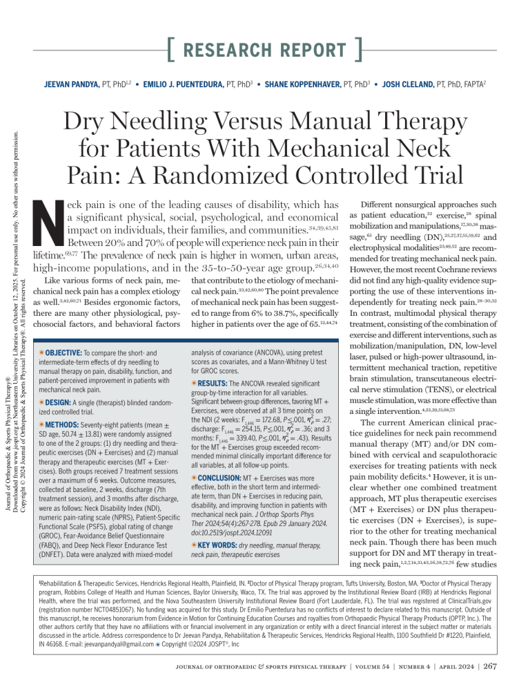 Dry Needling vs Manual Therapy for Mechanical Neck Pain: RCT