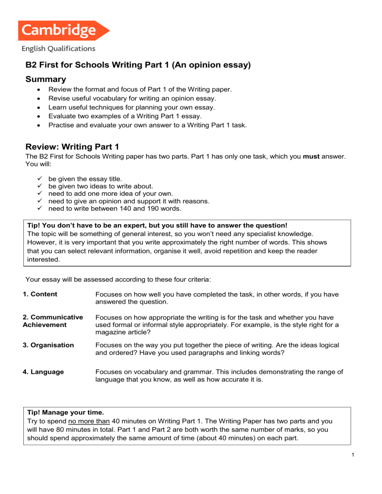 B2 First for Schools Writing Part 1: Opinion Essay Guide
