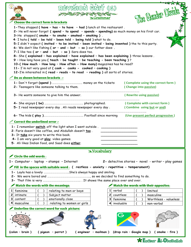 Revision Unit 6: English Grammar & Vocabulary Worksheet