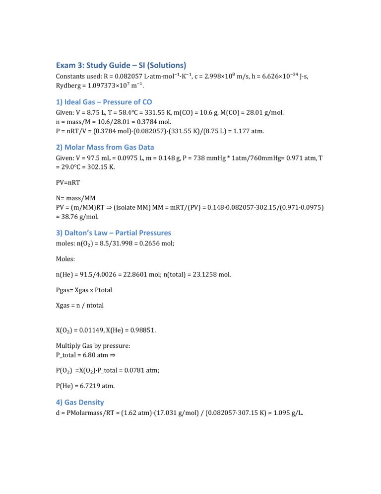 Chemistry Exam 3 Study Guide Solutions