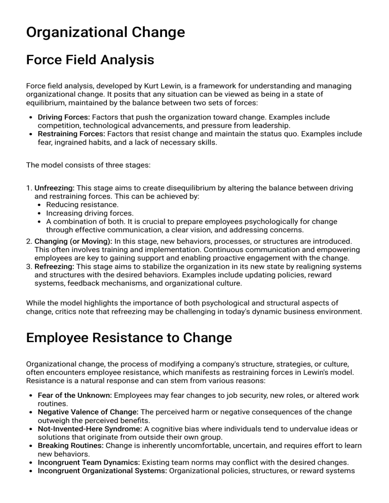 Organizational Change: Force Field Analysis & Resistance