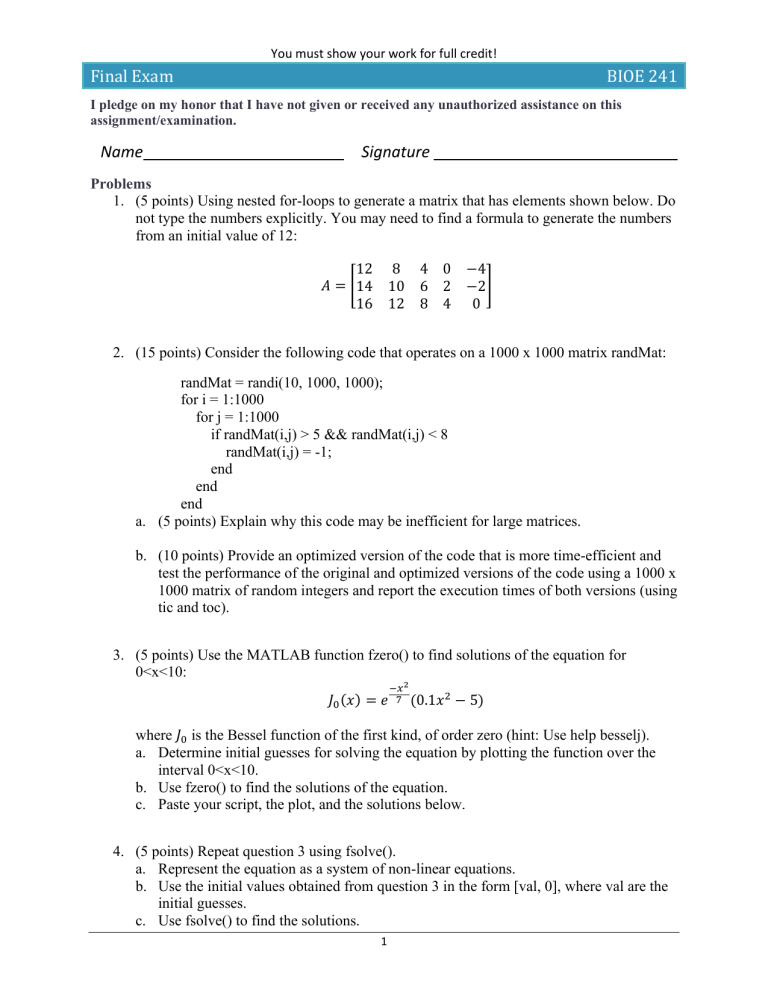 BIOE 241 Final Exam MATLAB Problems