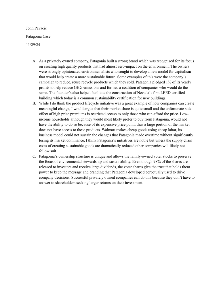 Patagonia Case Study: Sustainability and Business Model Analysis