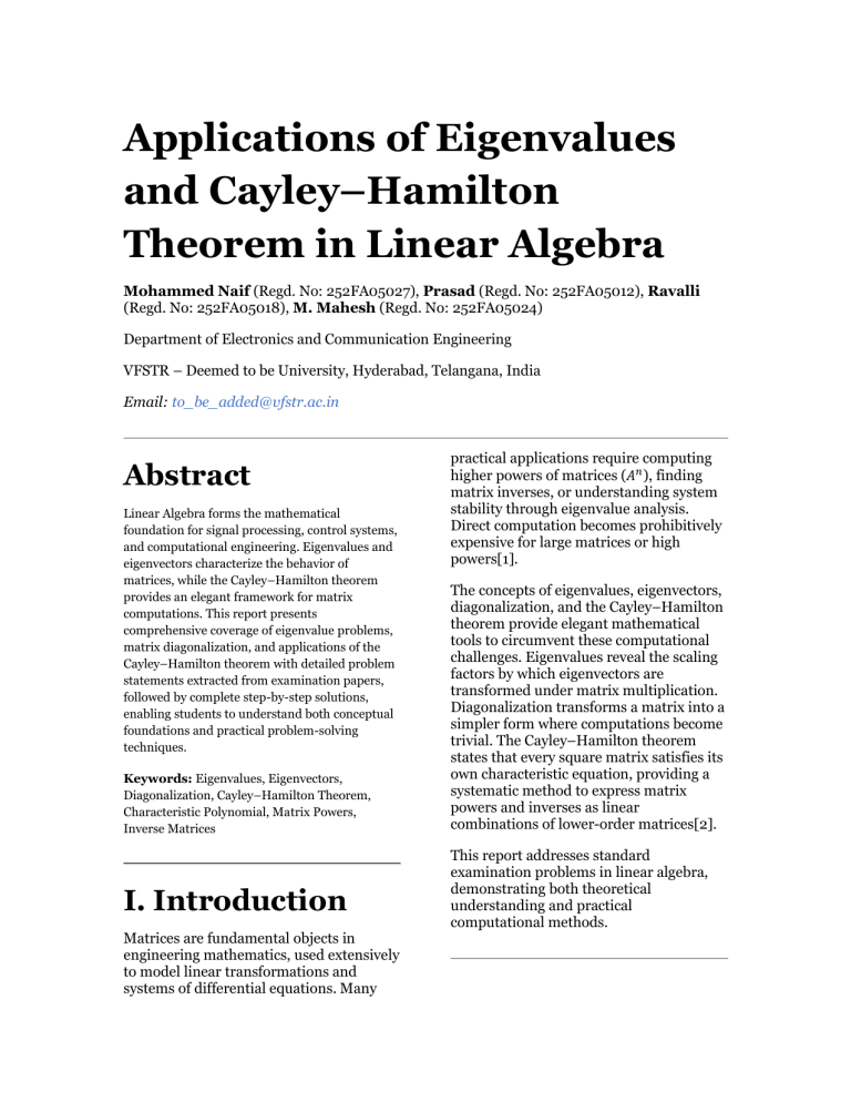 Applications of Eigenvalues and Cayley-Hamilton Theorem in Linear Algebra