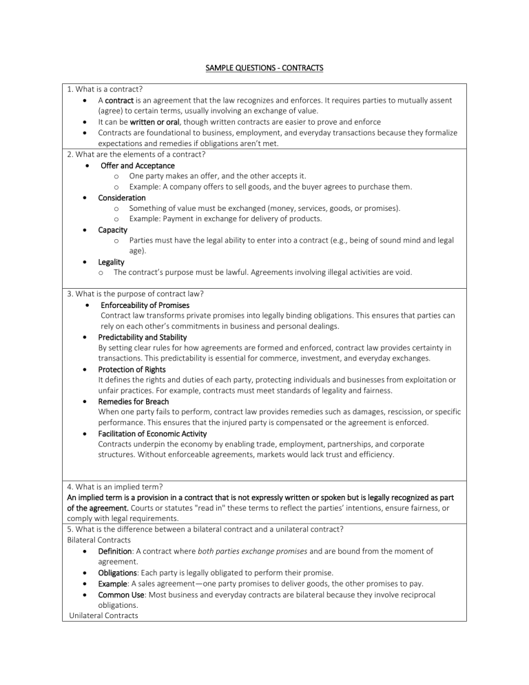 Contract Law Sample Questions and Answers