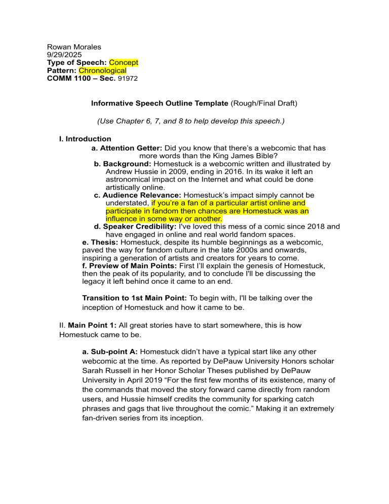 Homestuck Informative Speech Outline: Genesis, Popularity, Legacy