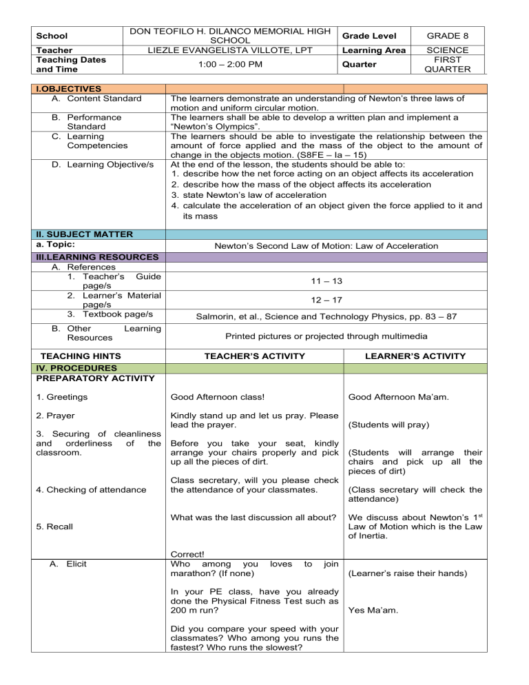 Grade 8 Science Lesson Plan: Newton's Second Law