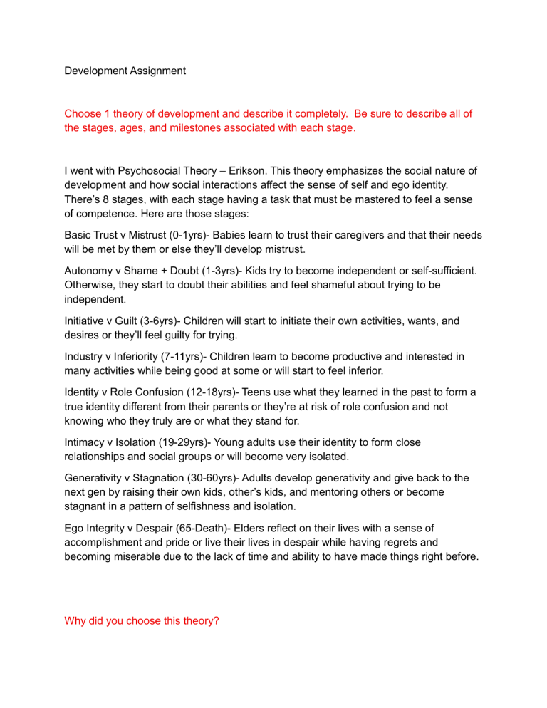 Erikson's Psychosocial Development Theory Assignment