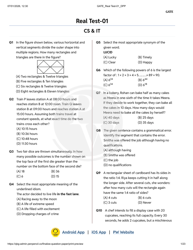 GATE Real Test-01 CS & IT Practice Questions