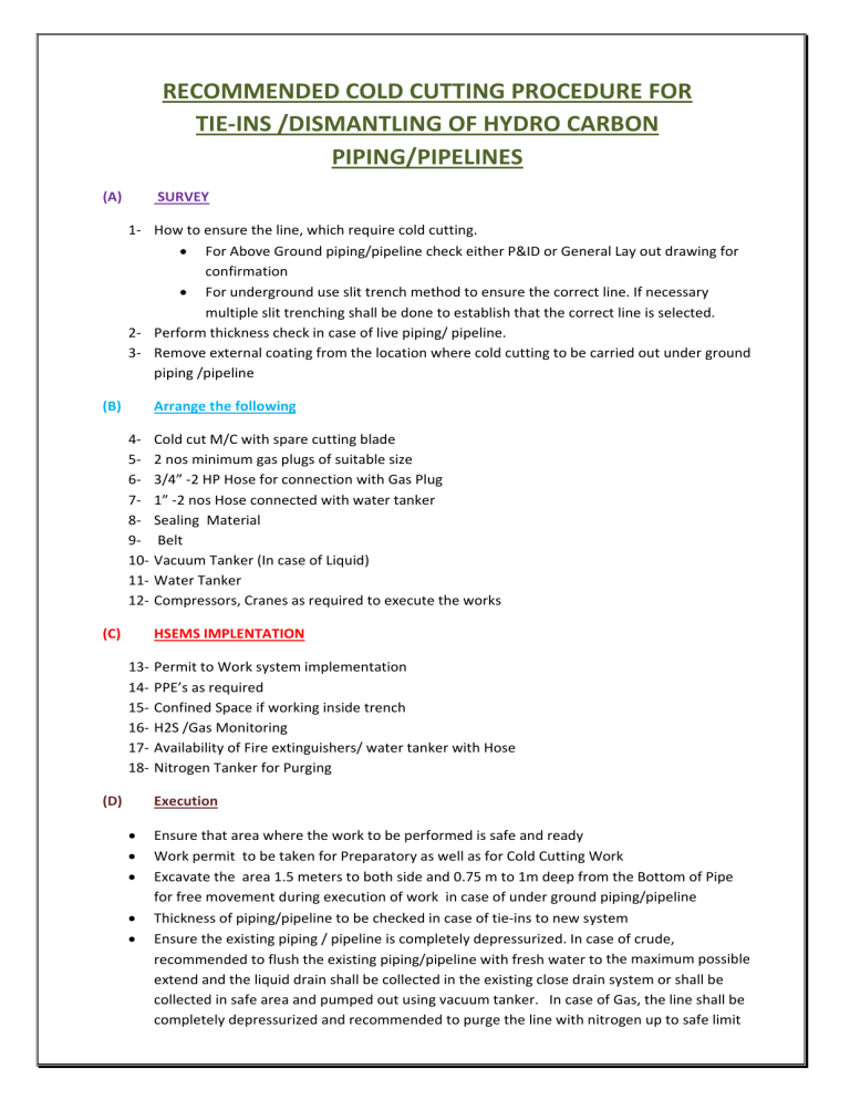 Cold Cutting Procedure for Hydrocarbon Piping Tie-ins