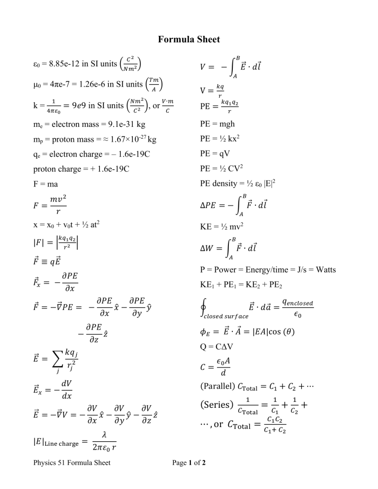 Physics 51 Formula Sheet: Key Equations