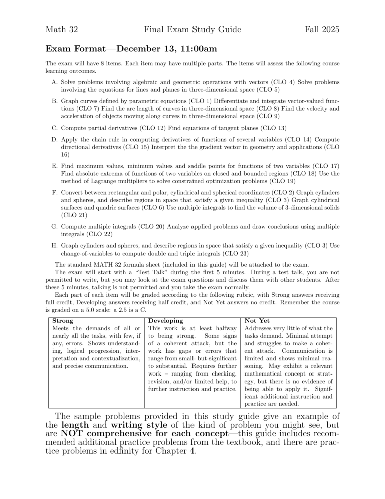 Math 32 Final Exam Study Guide Fall 2025