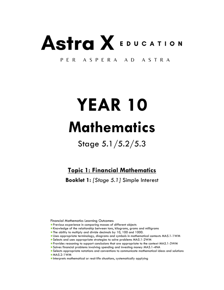 Year 10 Math: Simple Interest Workbook