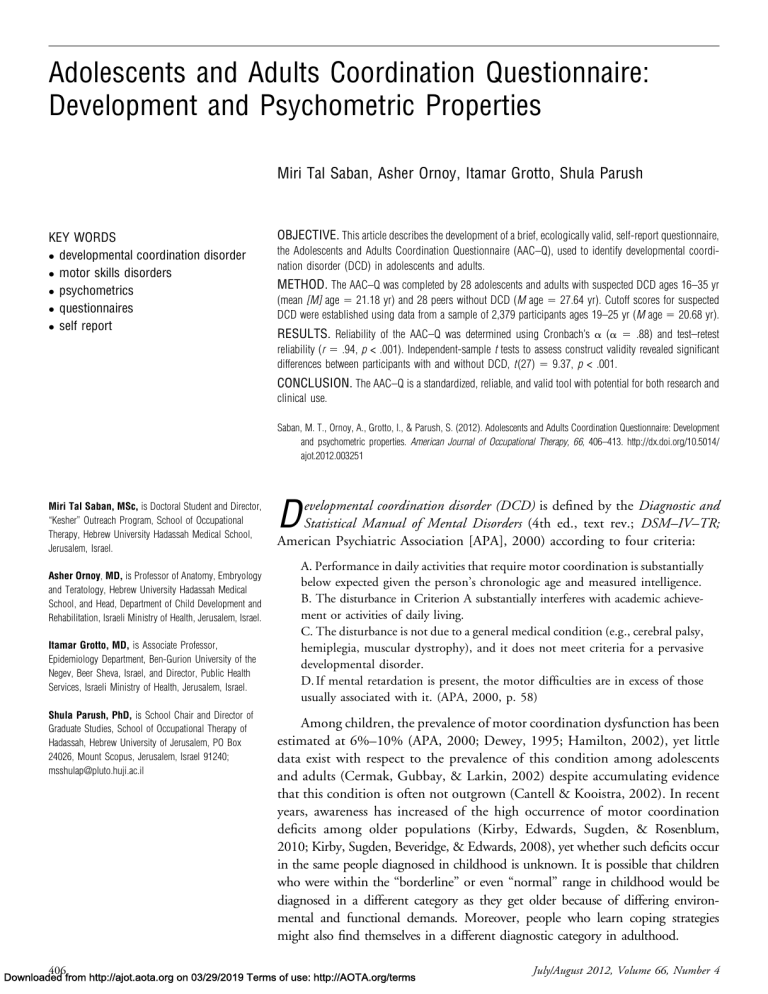 AAC-Q: Development and Psychometric Properties of a DCD Screening Tool