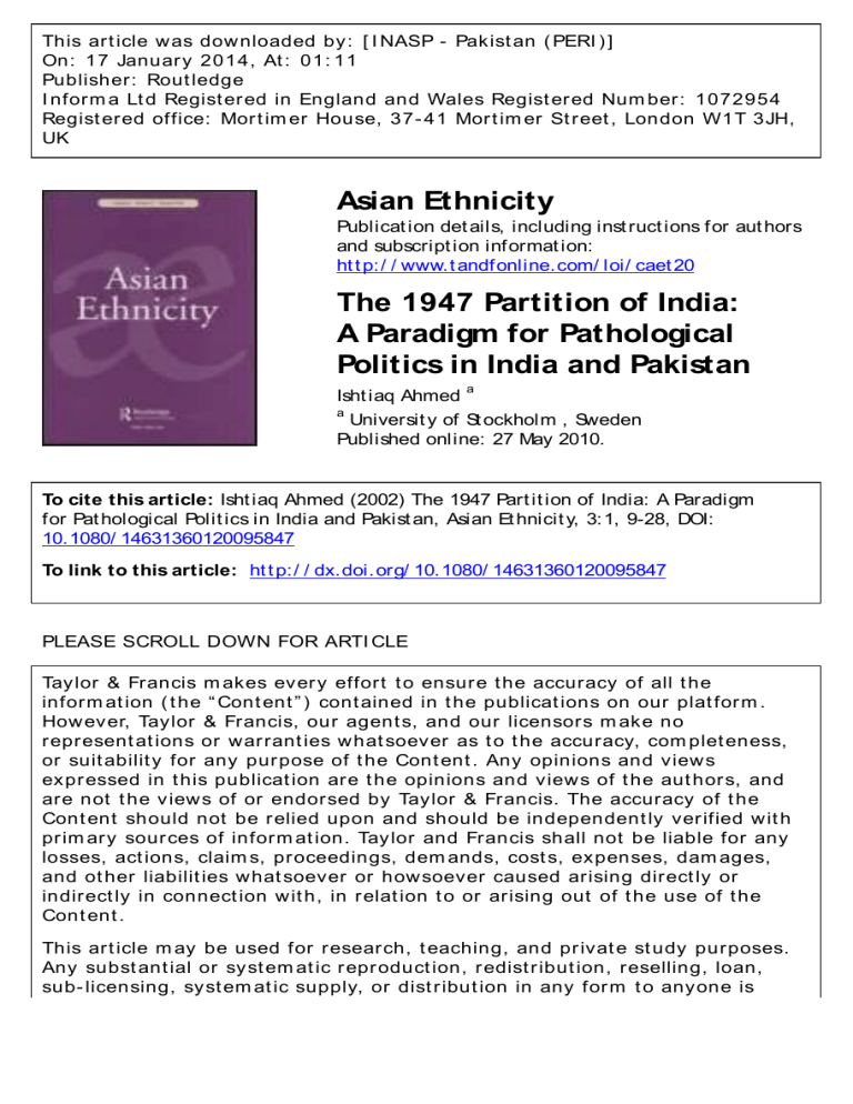 1947 India Partition: Pathological Politics in India & Pakistan