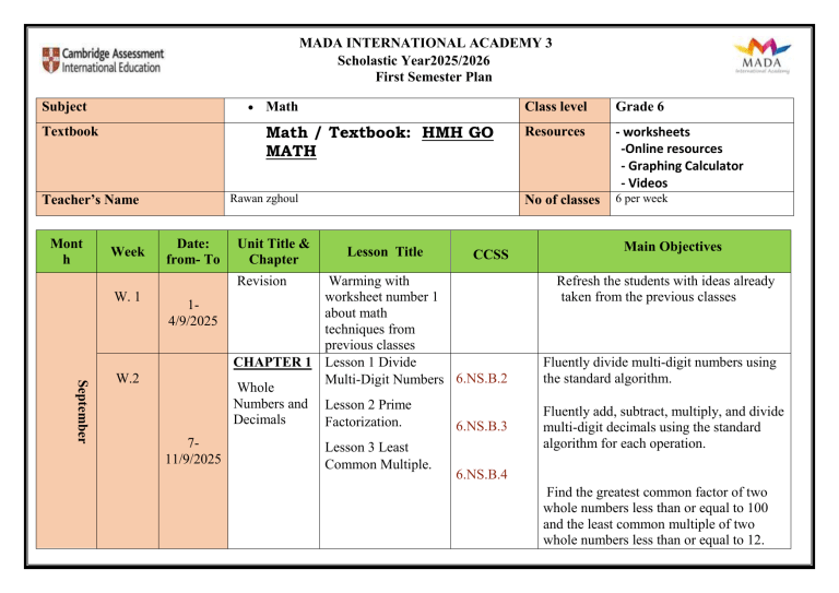 Grade 6 Math Semester Plan 2025/2026 | MADA Academy