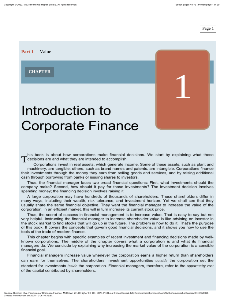 Introduction to Corporate Finance Chapter 1