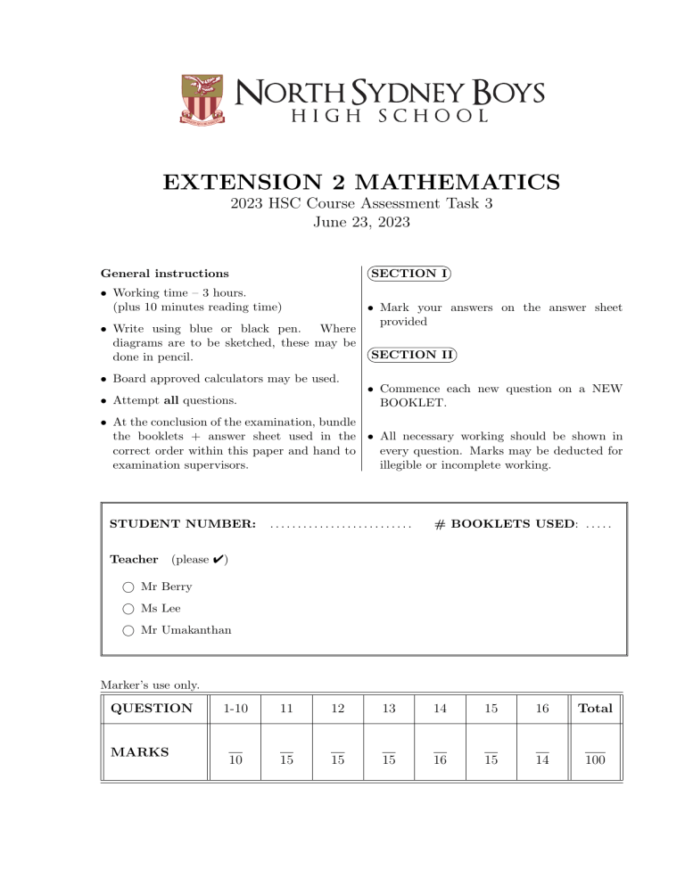 North Sydney Boys High School Extension 2 Mathematics HSC Exam 2023