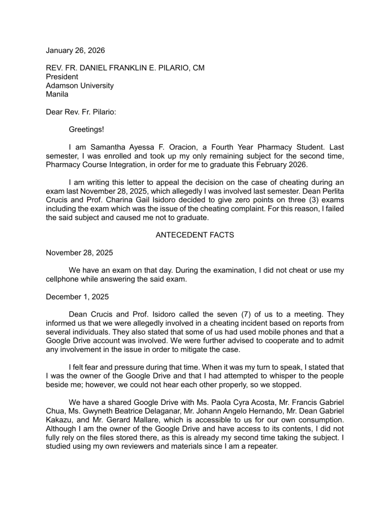 University Student Appeal Letter: Pharmacy Cheating Allegation