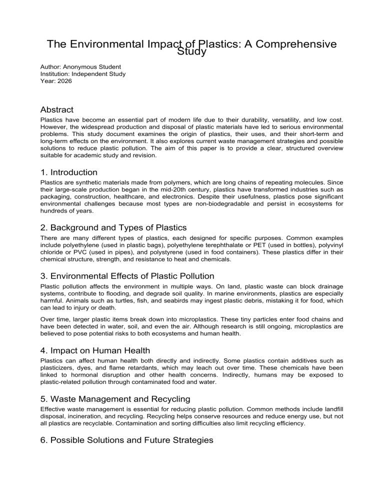 Environmental Impact of Plastics: Comprehensive Study