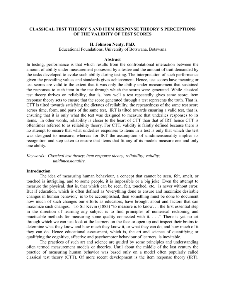 CTT vs IRT: Perceptions of Test Score Validity