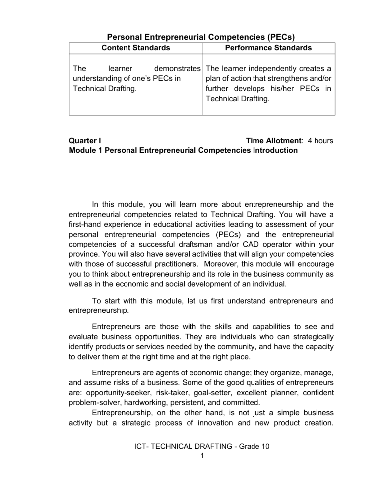 Personal Entrepreneurial Competencies (PECs) - Grade 10 Technical Drafting