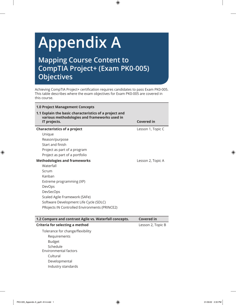 CompTIA Project+ PK0-005 Course Content Mapping