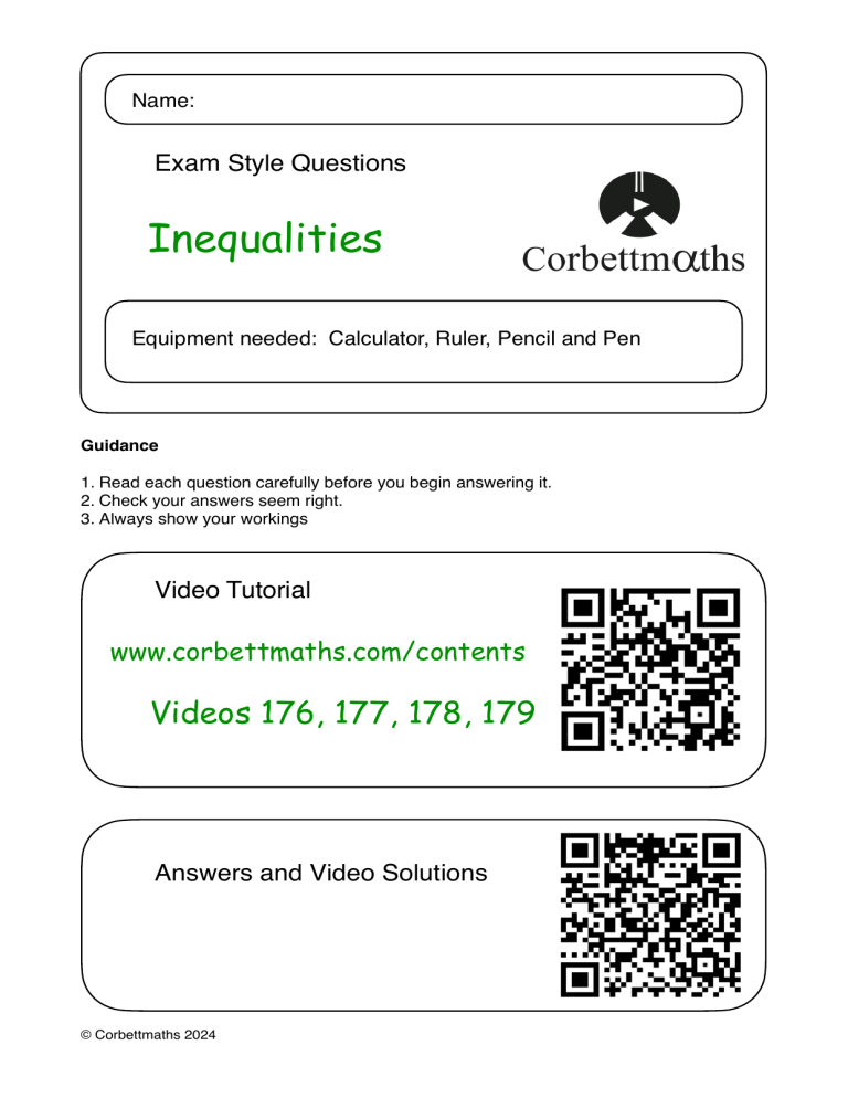 Inequalities Exam Style Questions Worksheet