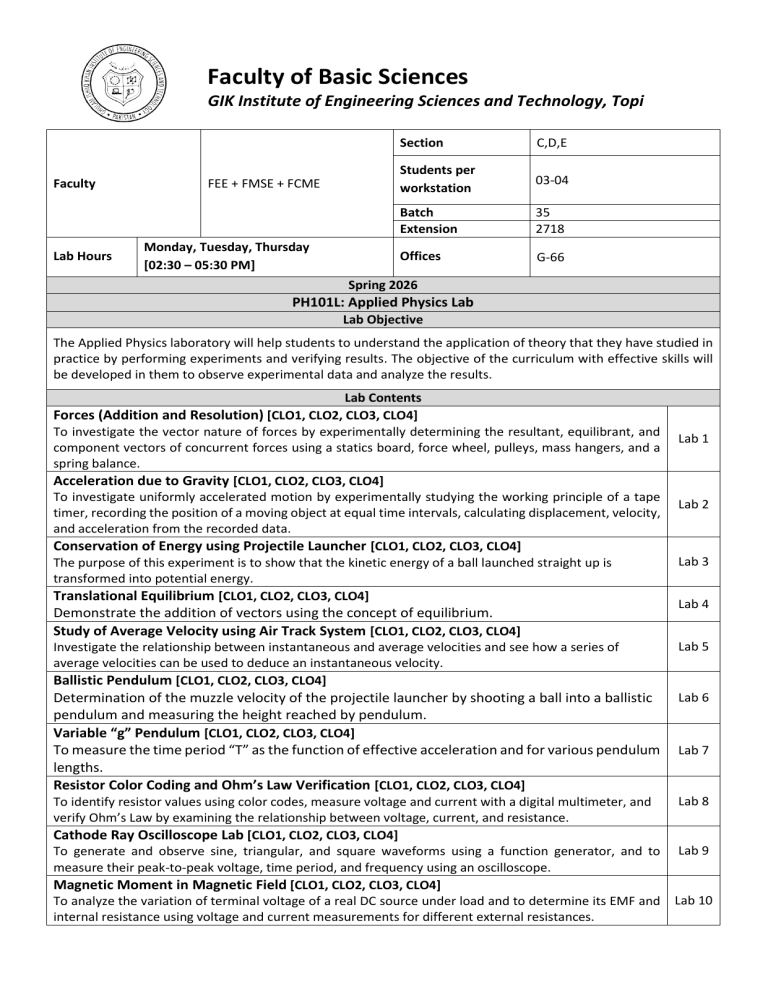 PH101L Applied Physics Lab Manual - GIK Institute