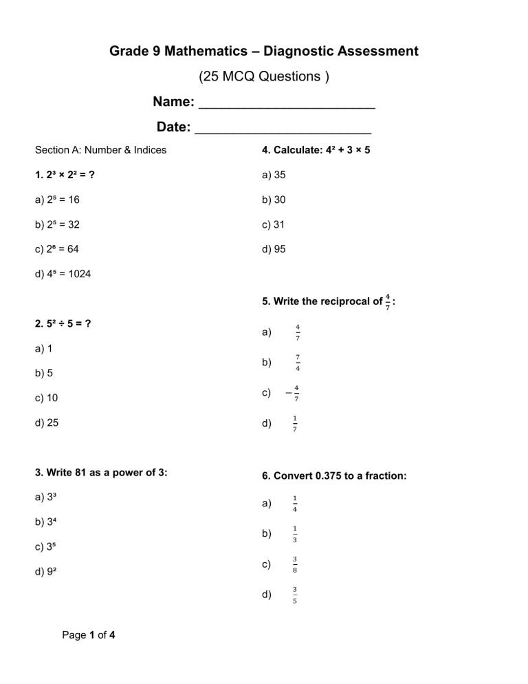 Grade 9 Math Diagnostic Assessment