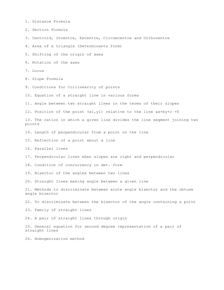 Coordinate Geometry Topics: Formulas & Concepts List