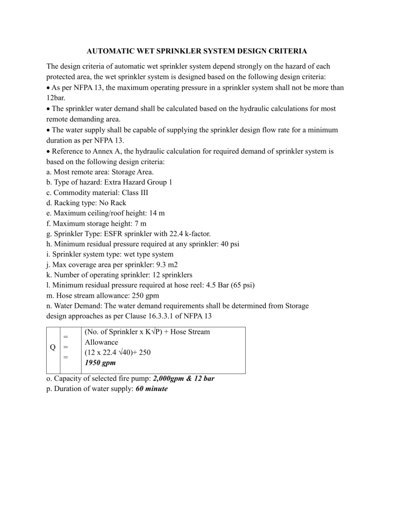 Automatic Wet Sprinkler System Design Criteria