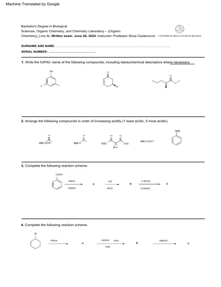 Organic Chemistry Exam Questions & Answers