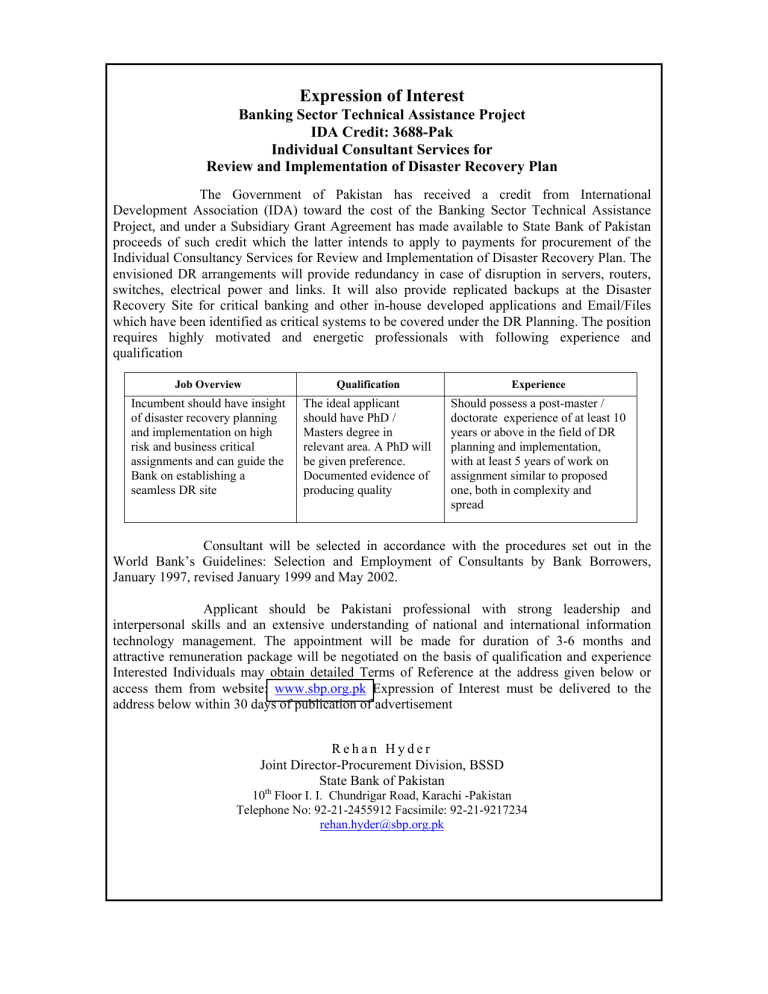 Expression of Interest: Disaster Recovery Plan Consultant - SBP Pakistan