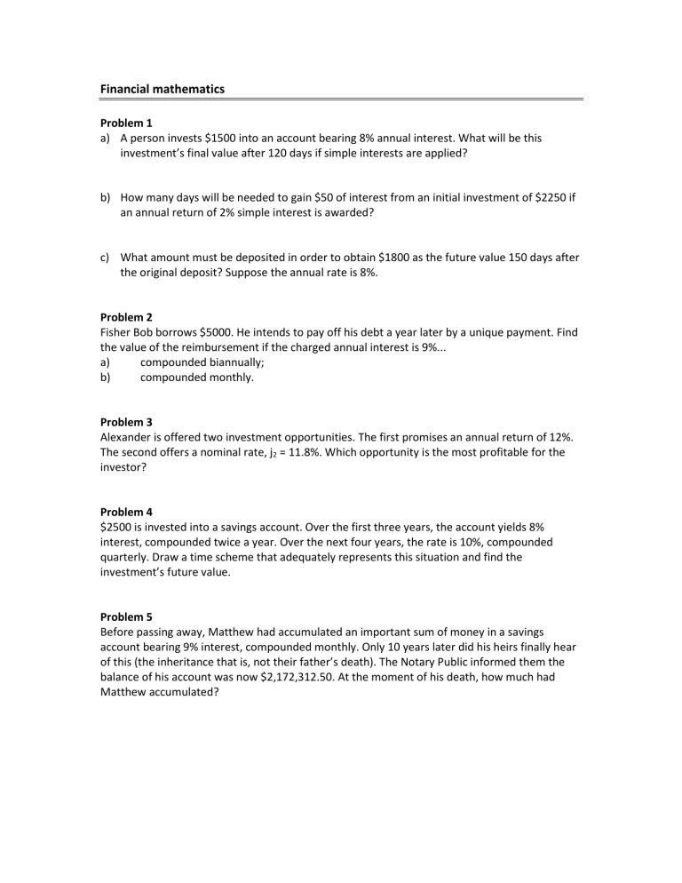 Financial Mathematics Problems and Solutions