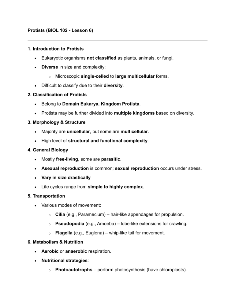 Protists Lesson 6: BIOL 102 Course Notes