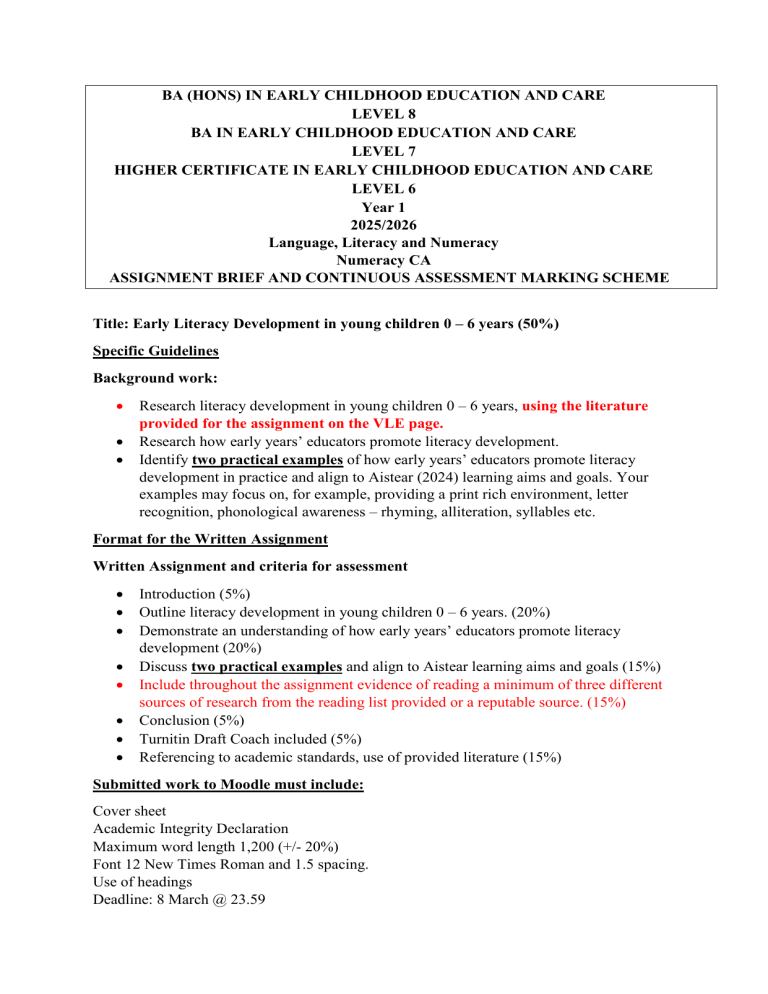 Early Literacy Development Assignment Brief 0-6 Years
