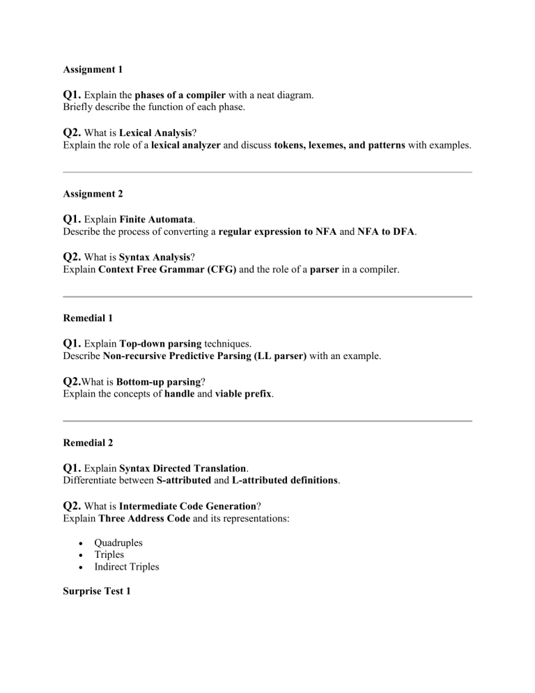 Compiler Design Assignments and Tests