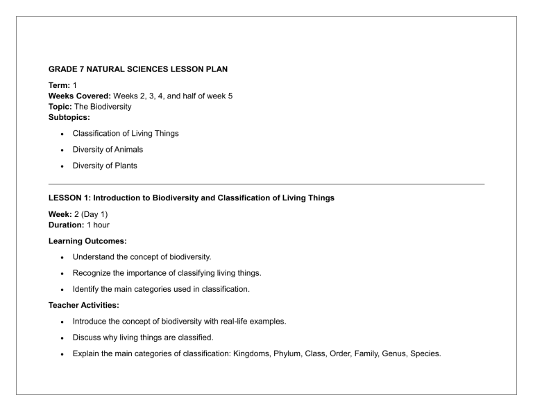 Grade 7 Natural Sciences Lesson Plan: Biodiversity