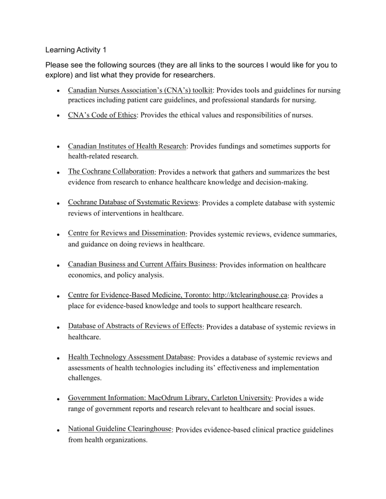 Learning Activity 1: Healthcare Research Sources