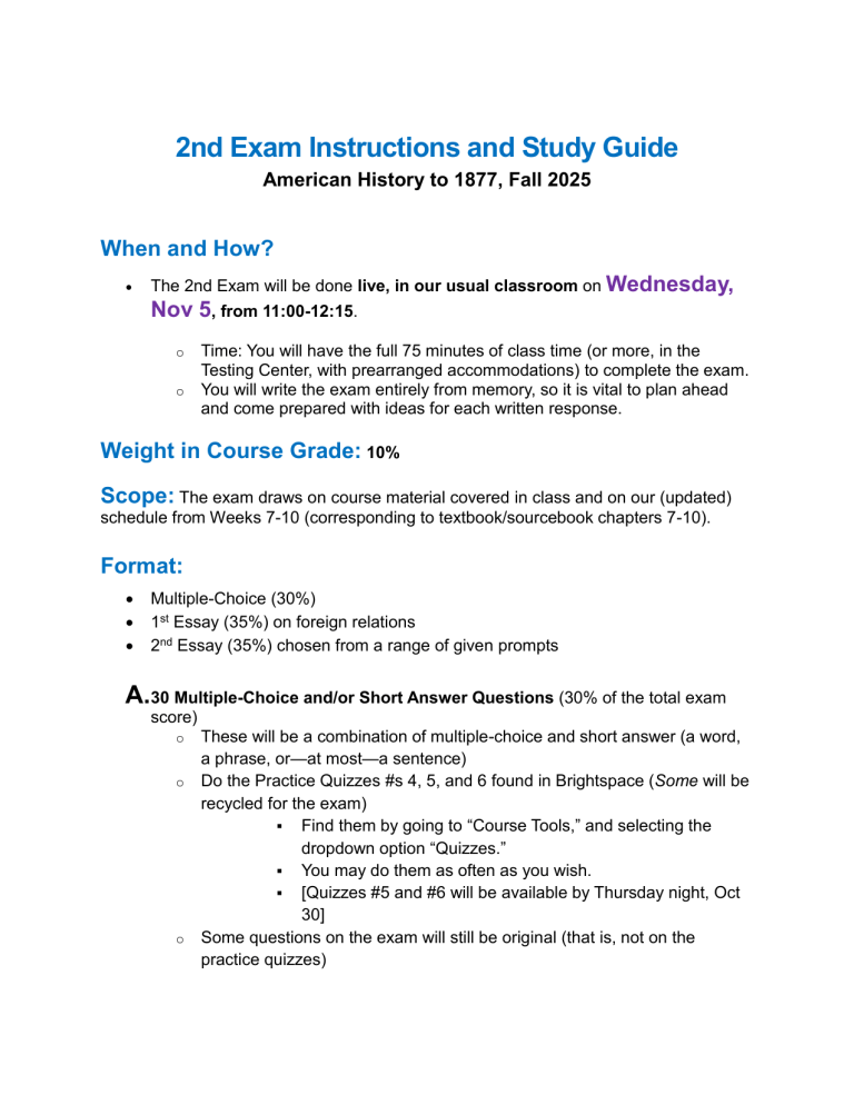 2nd Exam Instructions & Study Guide: American History to 1877