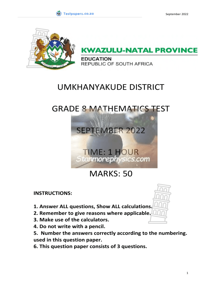 Grade 8 Mathematics Test September 2022