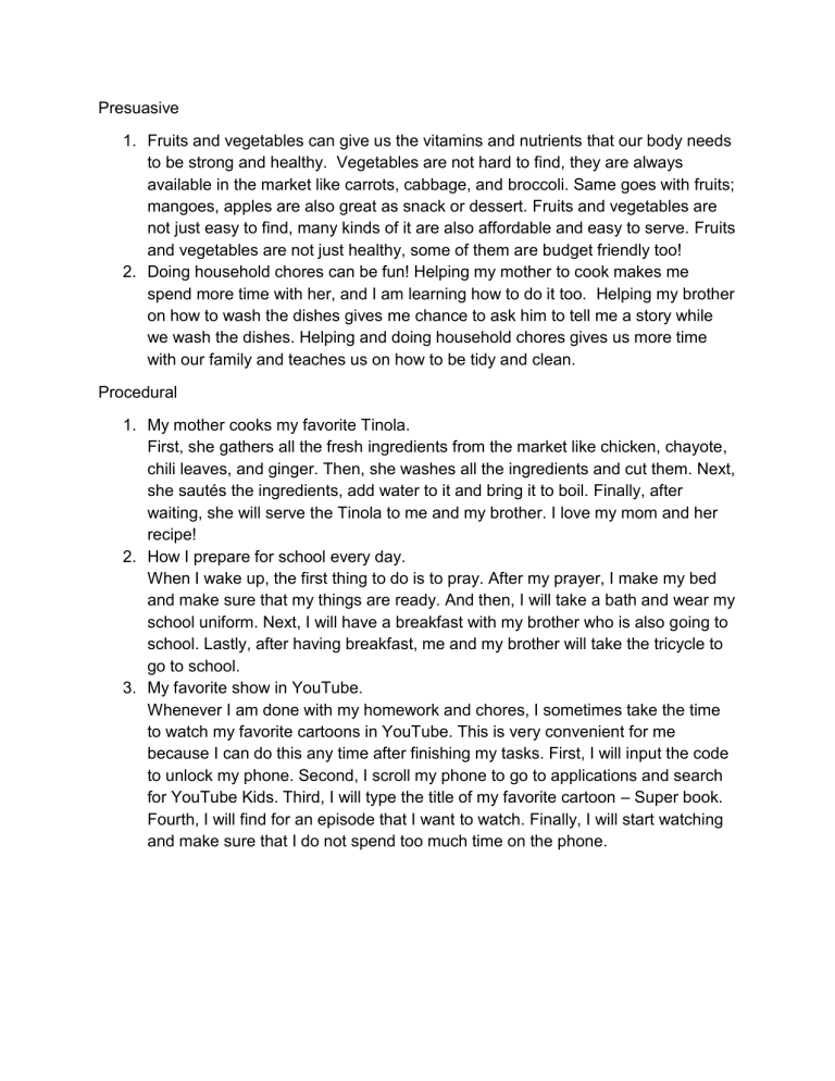 Elementary Writing Examples: Persuasive, Procedural, Chronological