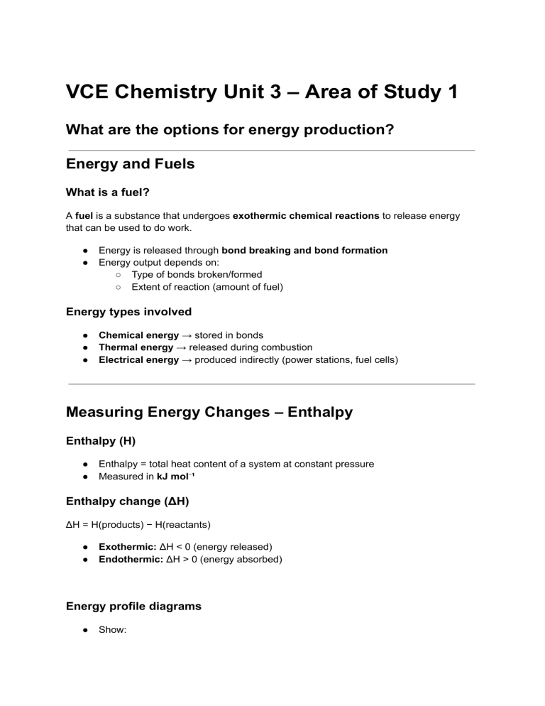 VCE Chemistry Unit 3: Energy and Fuels