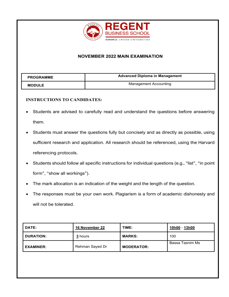 Management Accounting Exam Paper Nov 2022