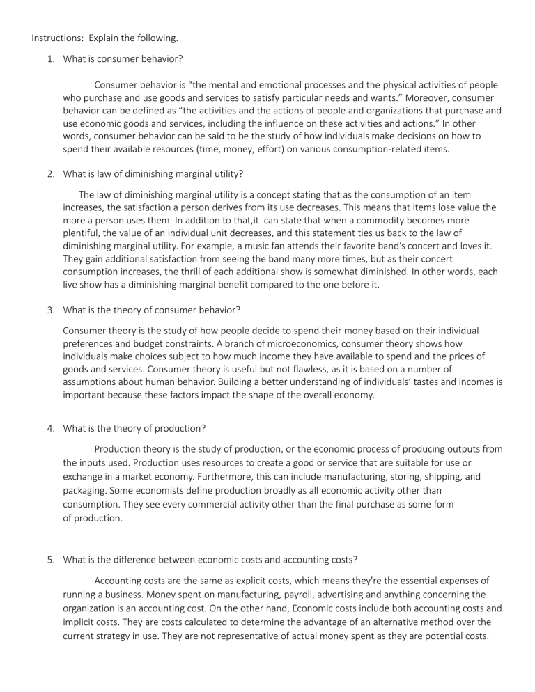 Economics Study Guide: Consumer Behavior & Production Theory