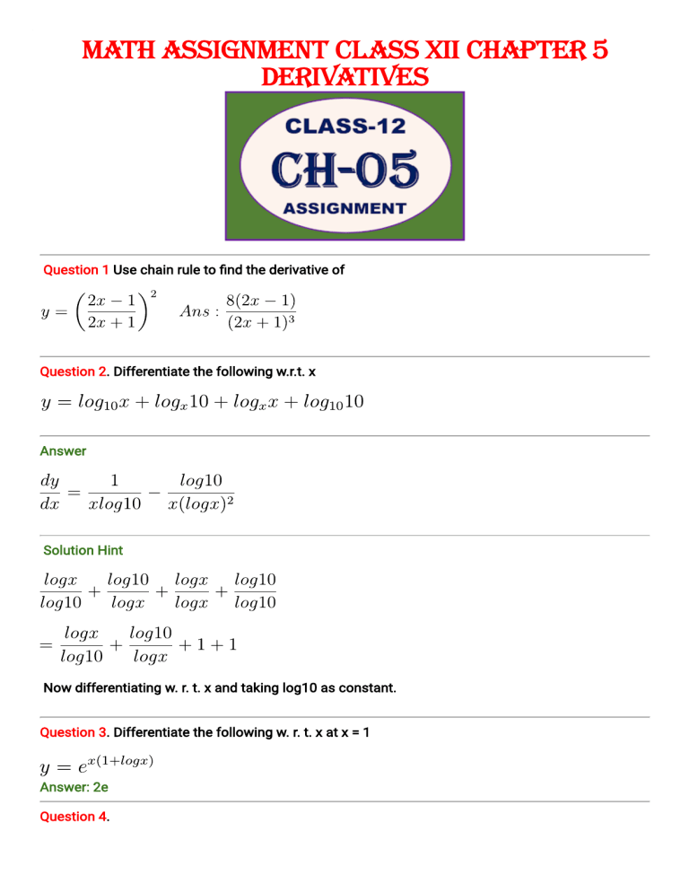 Class 12 Math Assignment: Derivatives Chapter 5