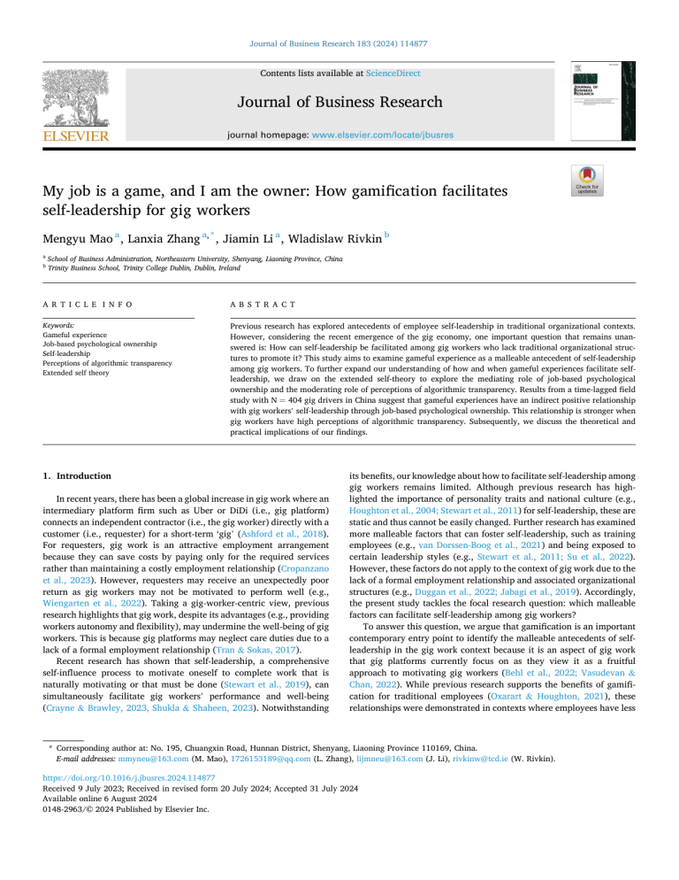 Gamification and Self-Leadership for Gig Workers: A Research Article