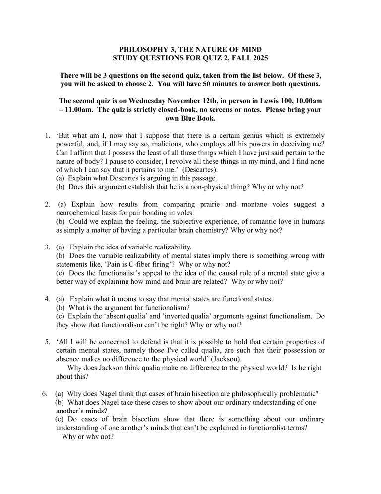 Philosophy of Mind Quiz Study Guide