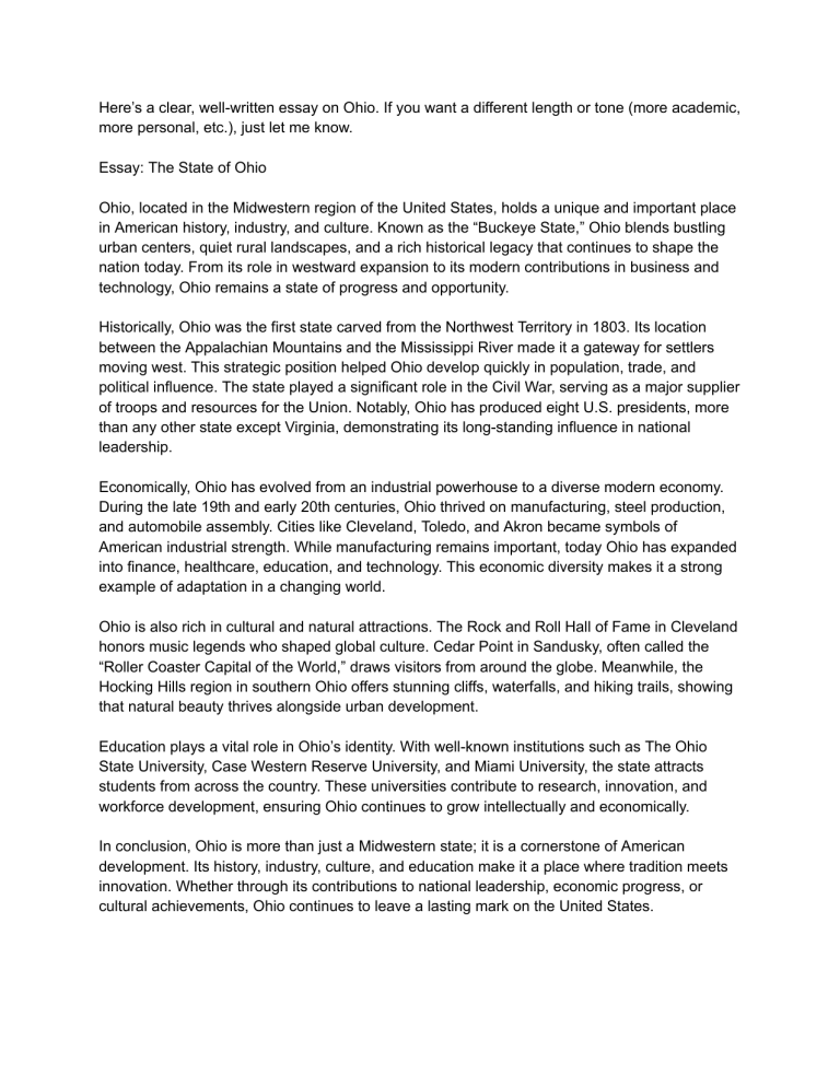 The State of Ohio Essay